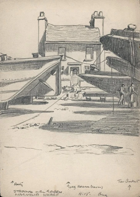 BOATS AT STRAND-ON-THE-GREEN MAGNOLIA WHARF LONDON Pencil Drawing c1950 ...