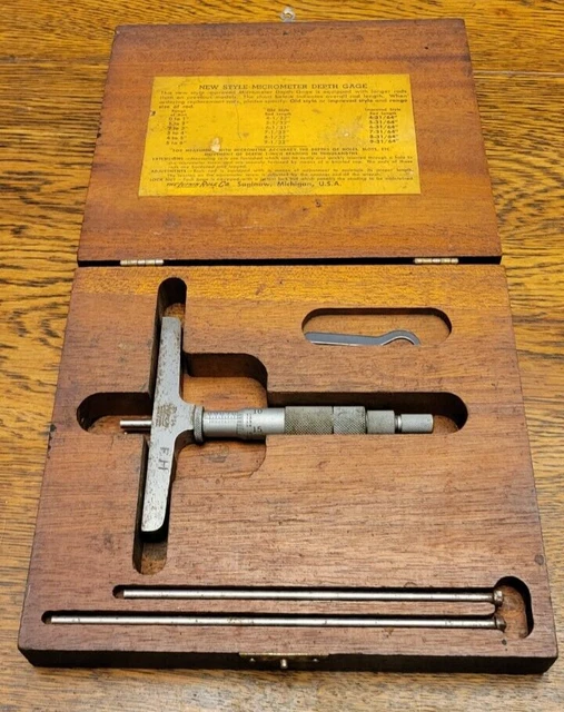 VINTAGE LUFKIN NO. 514 Micrometer Depth Gauge Set w/ Original Wood Box ...