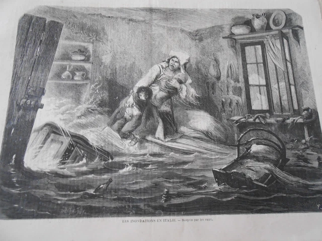GRAVURE 1872 - Les Inondations en Italie Famille surpris par les eaux ... GRAVURE 1872 - Les Inondations en Italie Famille surpris par les eaux ...
