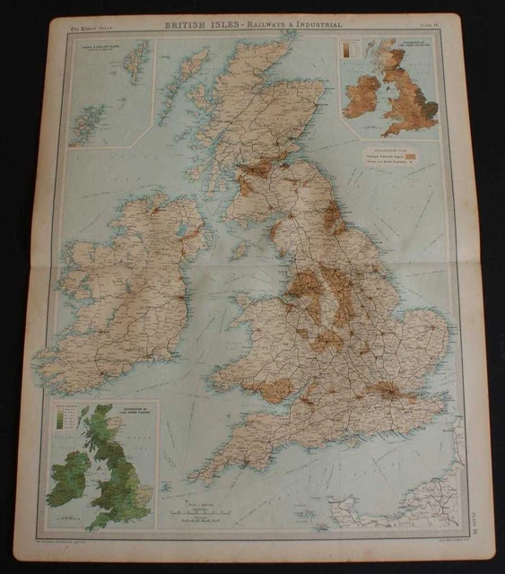 RAILWAYS & INDUSTRIAL Map of the British Isles from 1920 Times Atlas ...