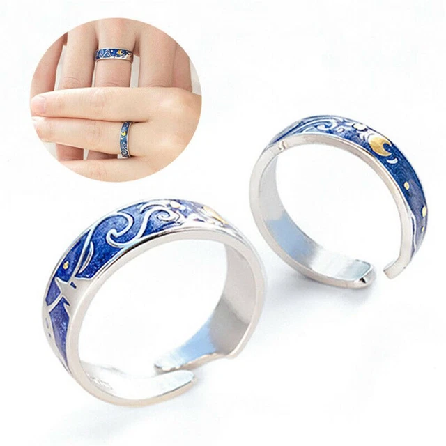 SILVER PLATE LOVER Blue Weddings Van Gogh Adjustable Starry Sky Couple ...