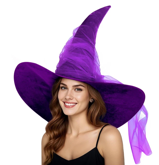 PURPLE VELVET WITCH Hat with Wide Brim for Halloween Masquerade Party ...