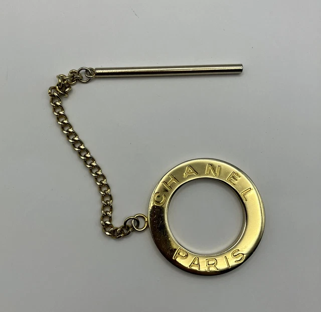 VINTAGE CHANEL PARIS Logo Scarf Ring Holder Gold Tone With Chain & Bar ...