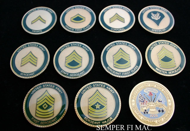 US ARMY ENLISTED Rank 10 Challenge Coin Set Pin Up Veteran Retirement ...