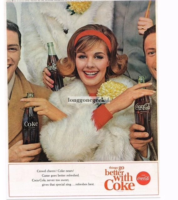 1963 COCA-COLA COCA-COLA Soda Happy Woman portant fourrure publicité ...