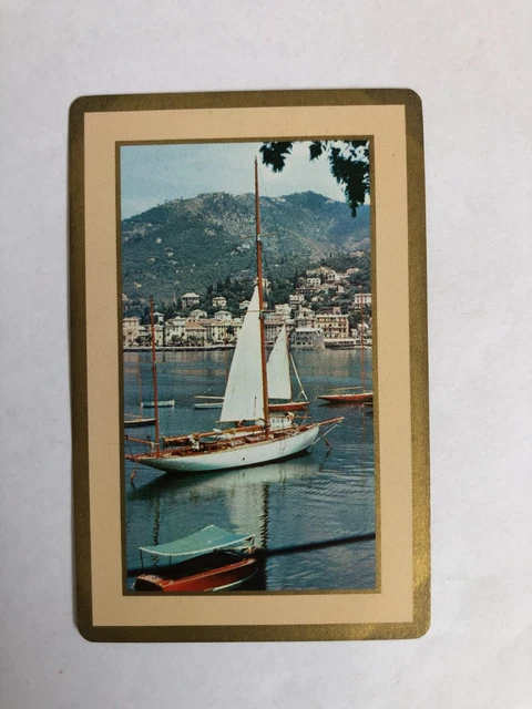 YACHT SAILING SHIP Boat Town Mountain Scene Retro Art Vintage Playing ...