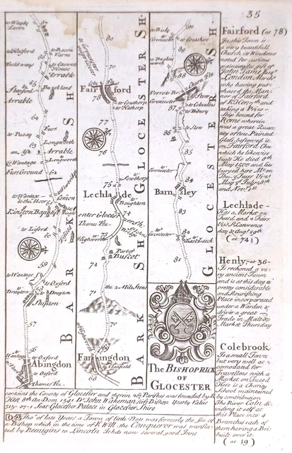 OLD ANTIQUE ROAD MAP GLOUCESTER LECHLADE ABINGDON by OWEN & BOWEN c1740 ...