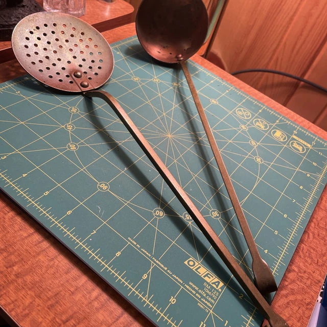 VINTAGE LONG HANDLE Copper Tin Skimmer Strainer & Water Dipper Ladle 16 ...