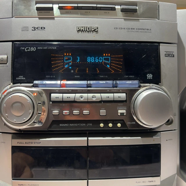 PHILIPS FW-C280 MINI HiFi System 3CD Changer Dual Cassette Tape Player ...