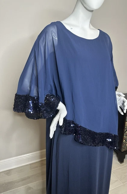 NAVY BLUE SEQUINED Stretch Cape Maxi Dress Wedding Party Women Size 3X ...