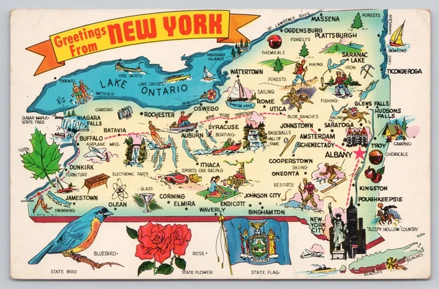 NEW YORK STATE Pictoral Map, Landmarks & Attractions, Vintage Postcard ...