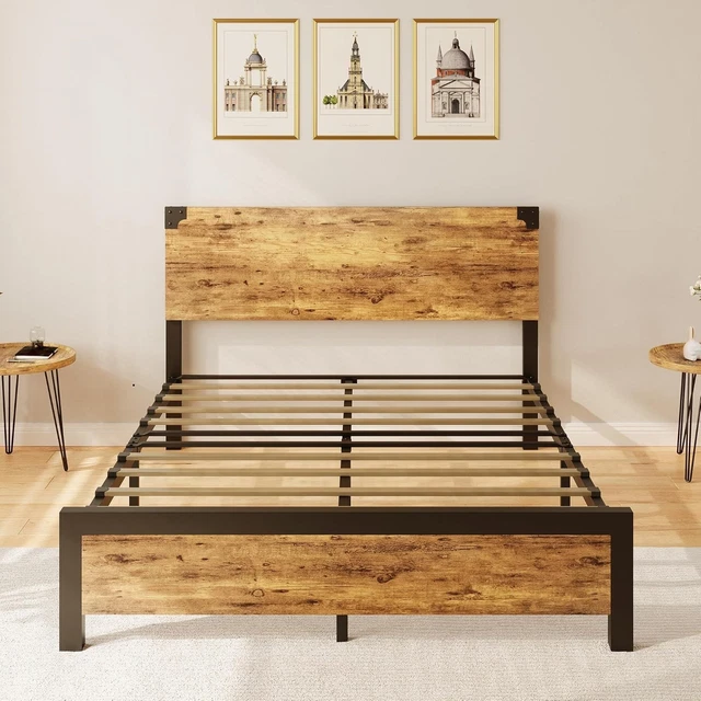 INDUSTRIAL QUEEN BED Frame Metal Platform Bed Mattress Foundation Brown ...