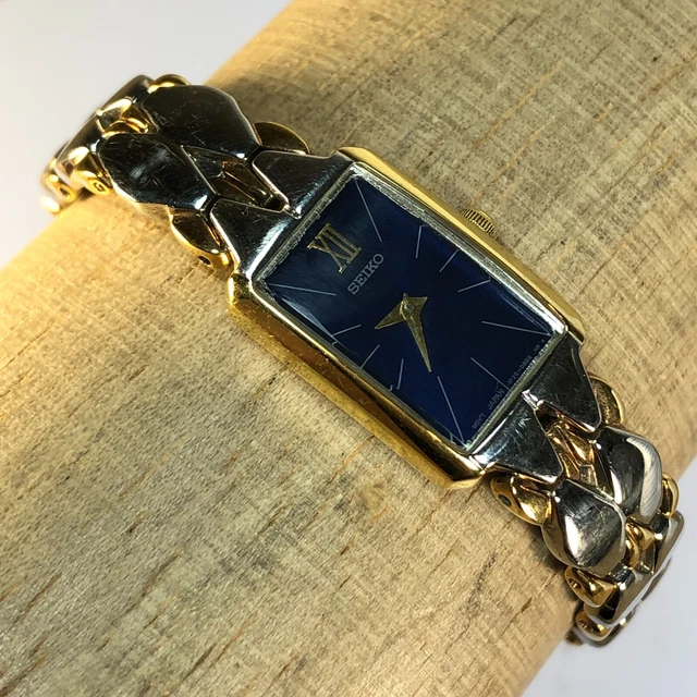 VINTAGE SEIKO WOMENS Two Tone Blue Rectangular Dial Dress Quartz Watch ...