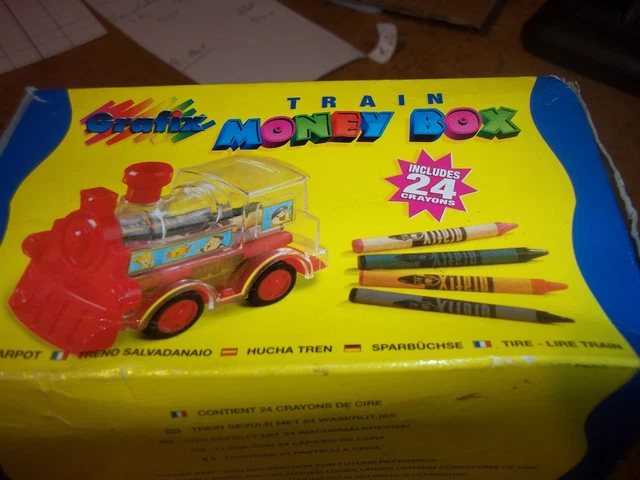 GRAFIX TRAIN MONEY Box + 24 Crayons NEW Retro Red / Clear Train Non ...