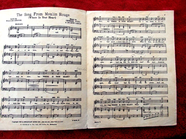 THE SONG FROM Moulin Rouge [Where Is Your Heart] Vintage Sheet Music $8 ...