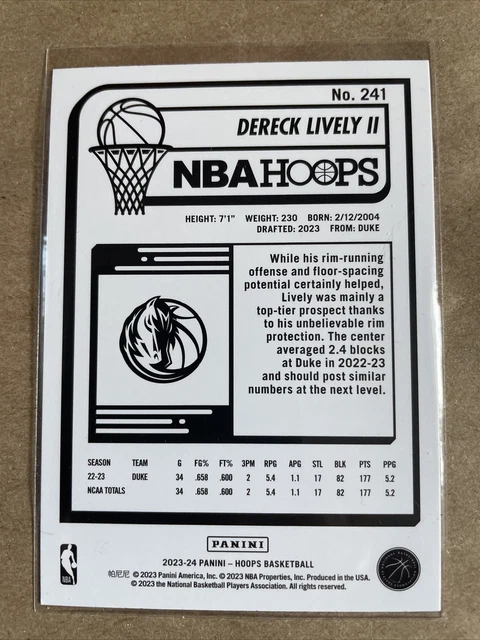 CARTE RECRUE DEREK Lively II 2023-2024 NBA Hoops Dallas Mavericks ...