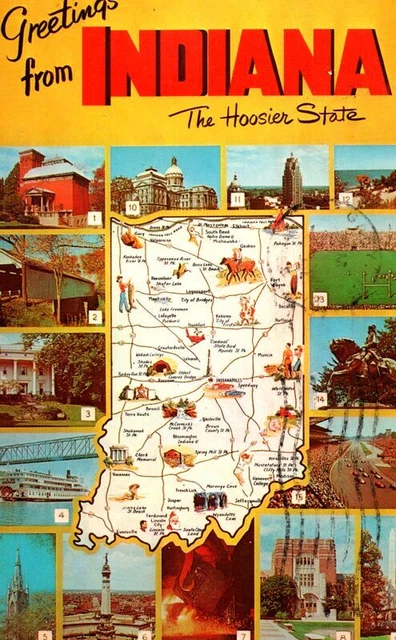 INDIANA PICTORIAL MAP Greetings Hoosier State MultiView 1968 IN Vintage ...