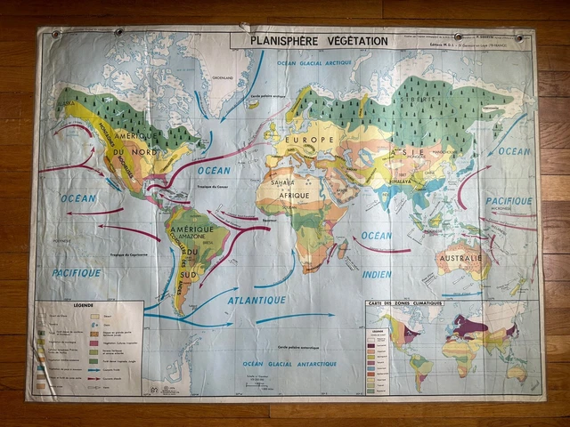 ANCIENNE AFFICHE SCOLAIRE plastifiée - Planisphère Physique / Végétation EUR 39,00 - PicClick FR
