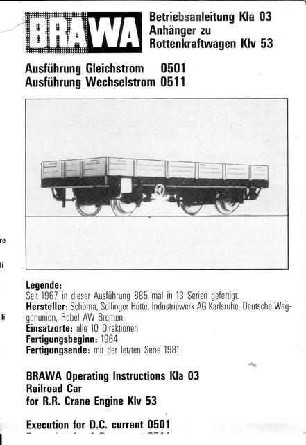 BRAWA ANLEITUNG KLA 03 Anhänger zu Rottenkraftwagen Klv 53, 0501 + 0511 ...