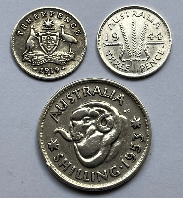 3 X AUSTRALIAN Coins (1919 & 1944 Three Pence / 1953 Shilling) - VG ...