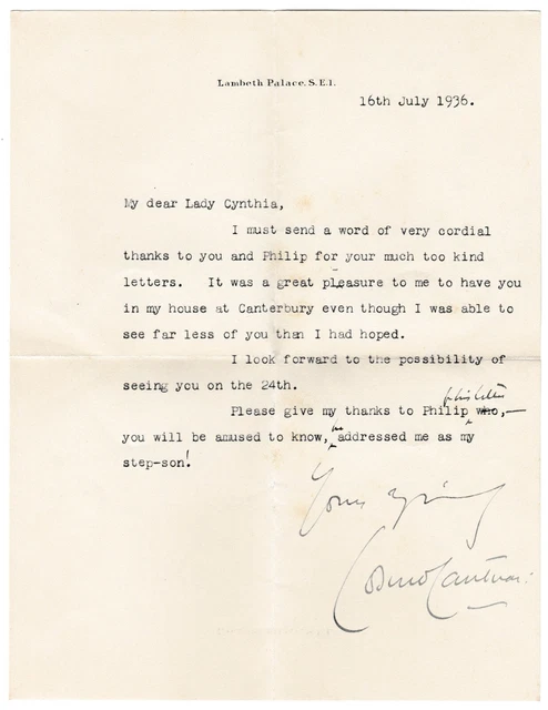 COSMO LANG -ARCHBISHOP of Canterbury -1936 lettr: 'addressed me as my ...