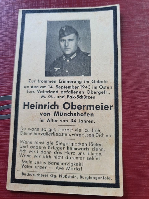 ORIGINAL GERMAN WW2 death Card Heinrich OBERMEIER Mg+pak 14sep1942 ...