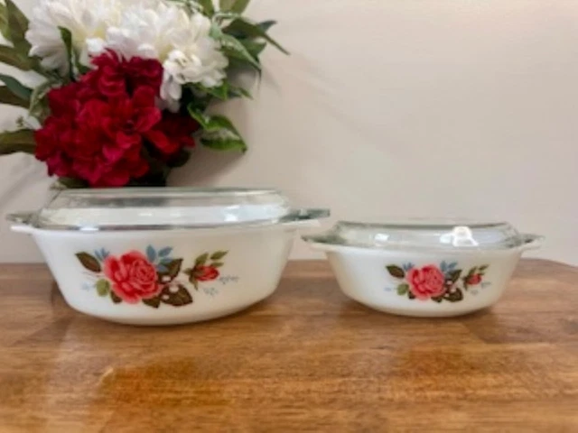 VINTAGE JAJ PYREX Cottage Rose Casserole Set with Lids Opal Glass ...