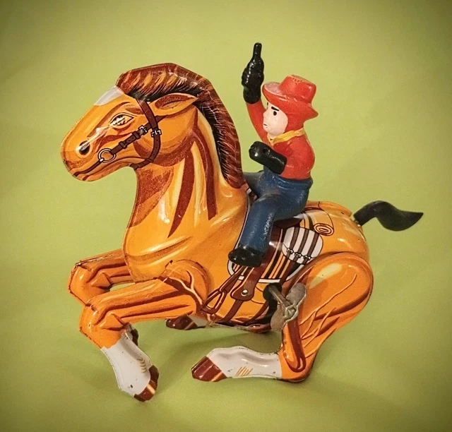 VINTAGE MTU MECHANICAL Wind Up Cowboy On Horse Tin Toy w/Box Korea ...