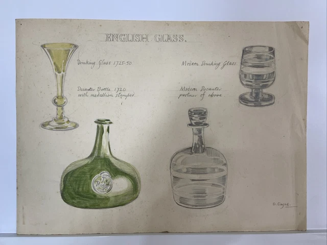 ANTIQUE VINTAGE ORIGINAL Architectural Glass sketch drawing By D. Cayne ...