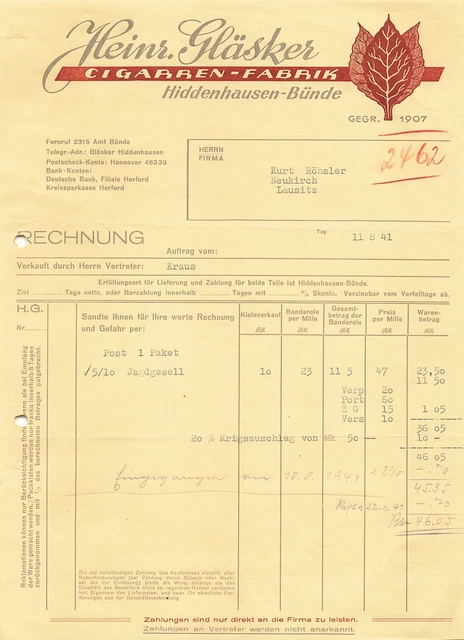 ALTE RECHNUNG QUITTUNG 1941 Heinrich Gläsker Zigarren Fabrik Hiddenhausen Bünde EUR 14,90 ...