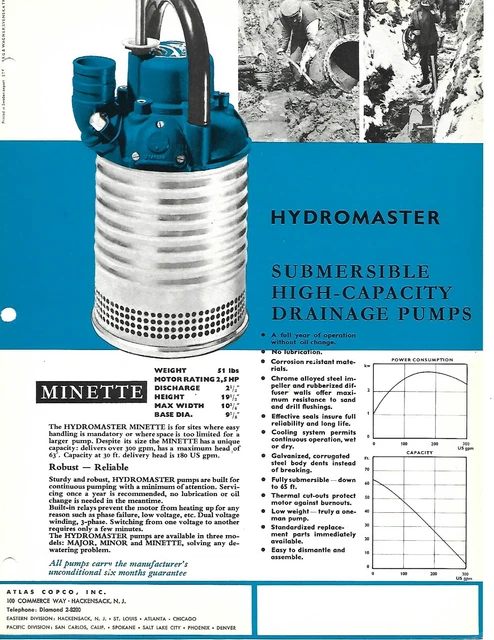 EQUIPMENT BROCHURE - Hydromaster - Minette - Pump - c1960's Atlas Copco ...