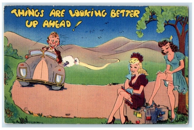 C1940s Sexy Hitchhiker Risque Comic Humor Pretty Woman Antique Car Postcard £810 Picclick Uk