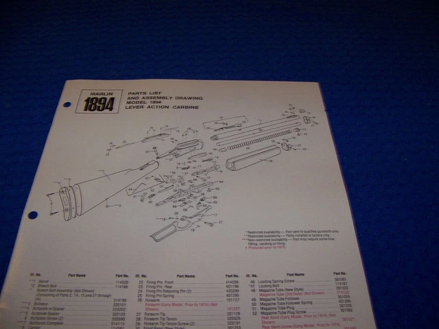 MARLIN 1894 & 1894C L/A Rifle/Carbine..legend/Exploded View/Parts List ...