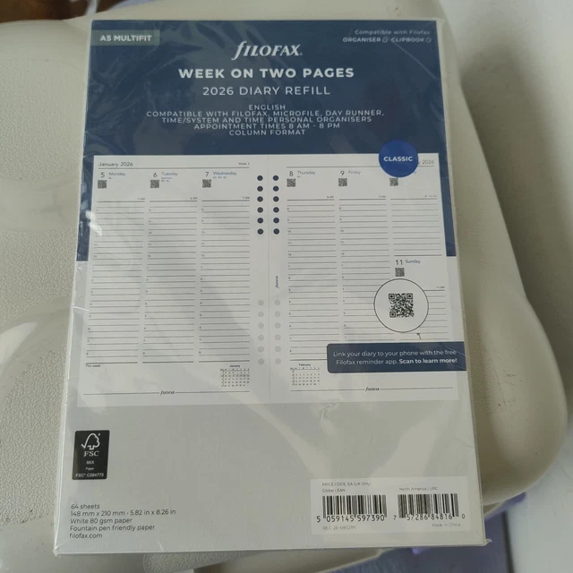 FILOFAX MULTIFIT A5 Diary Refill 2026 Week on Two Pages New £9.51 ...