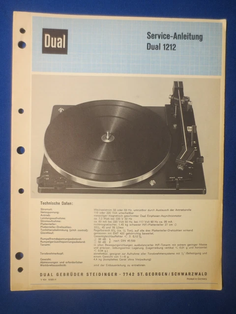 DUAL 1212 TURNTABLE Service Manual Factory German Original The Real ...