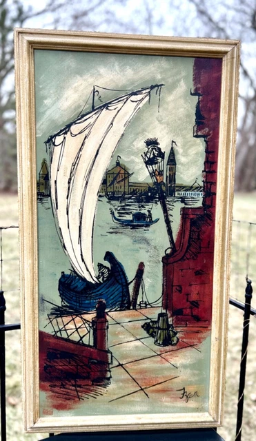 MCM VENICE GONDOLA Oil Painting Signed Tzen 37.5” Framed 1960’s Italy ...