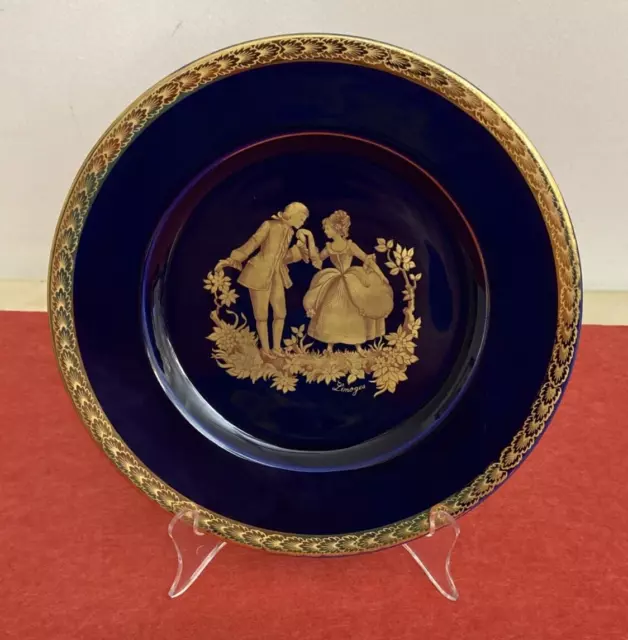 VINTAGE LIMOGES FRANCE Cobalt Blue Collector Plate Gold Courting Couple ...