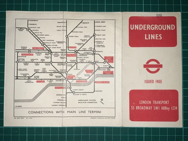 LONDON UNDERGROUND LINES 1945 No 1 Tube Map Diagram of Lines 245.3606 ...