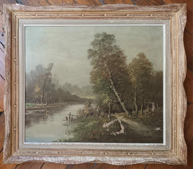 TABLEAU ANCIEN SIGNÉ, huile sur toile à restaurer. Paysage, lavandière. Barbizon EUR 50,00 ...