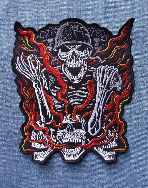 LARGE SOLDIER SKULL RED Back Patch: skeleton fire death grenade bullet ...