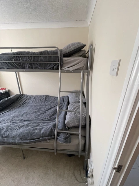 GREY METAL SINGLE &double Bunk Bed Frame with Built-In Ladder ...