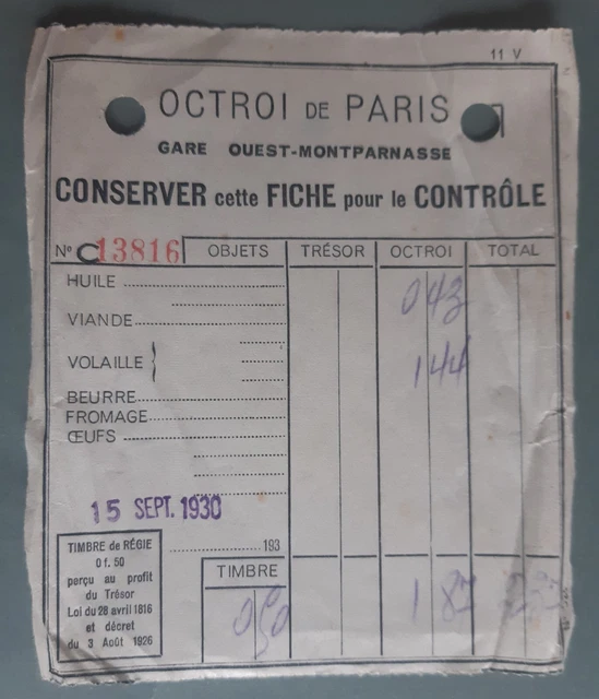 ANCIEN OCTROI DE PARIS de 1930- contribution indirecte- fiche contrôle ...