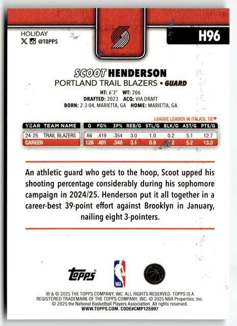 TOPPS NBA FLAGSHIP Holiday 2025 N º H96 Scoot Henderson Azul Brillante ...