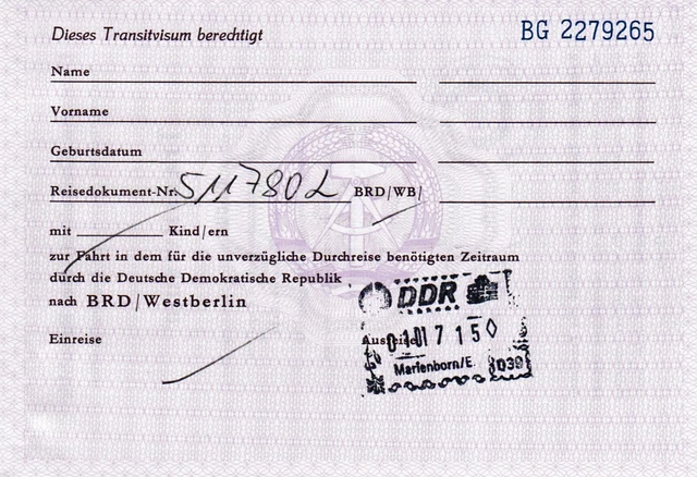 DDR TRANSITVISUM BG Stempel Marienborn/E 1987 ORIGINAL EUR 1,00 ...