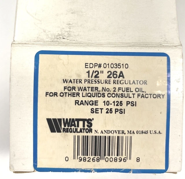 NEW WATTS 1/2& 26A NOS Pressure Regulator NIB 10 - 125 PSI Range EDP ...