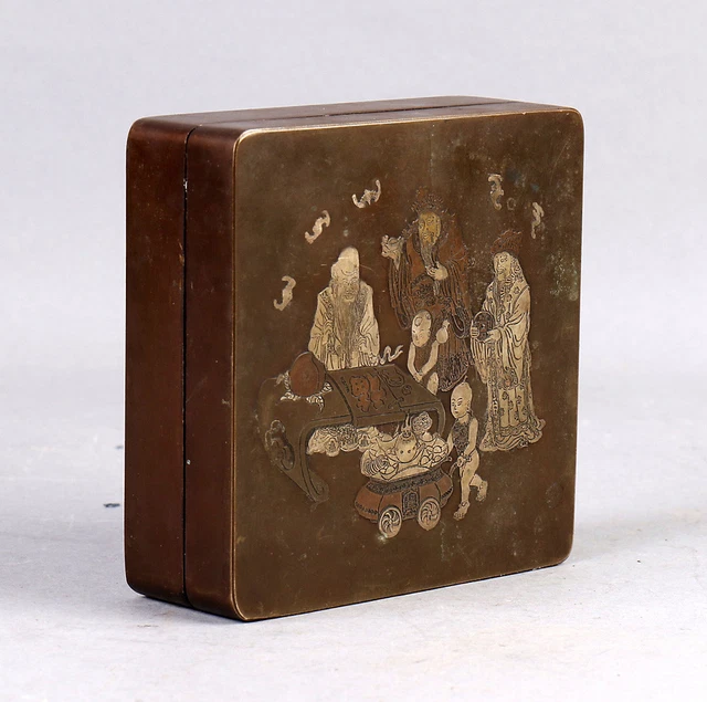 LARGE ANTIQUE CHINESE Heavy Bronze Ink Box With Figures Qing Dynasty ...