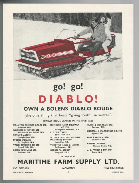 1966 DIABLO SNOWMOBILE advertisement, Bolens Diablo Rouge, Canadian ad ...