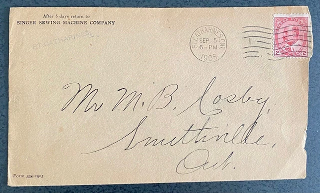 1908 2C SINGER Sewing Machine CO ADV St Catharines to Smithville ON ...