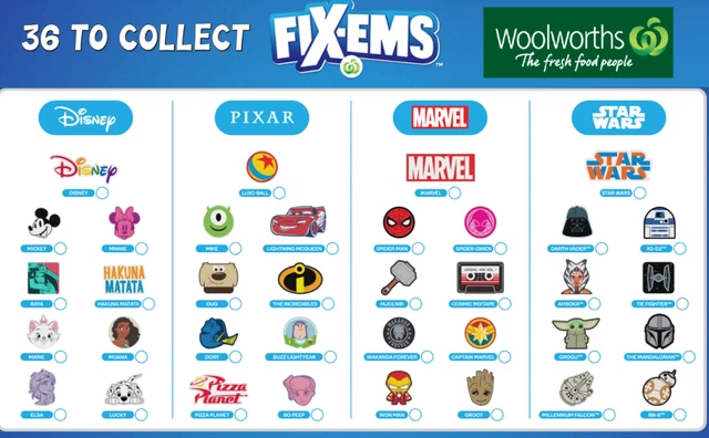 WOOLIES FIX-EMS WOOLWORTHS Disney Pixar Marvel Star Wars Fixems Fixem ...
