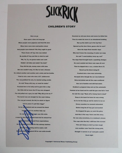 SLICK RICK SIGNED Autograph Auto "Children's Story" Lyric Sheet Music ...